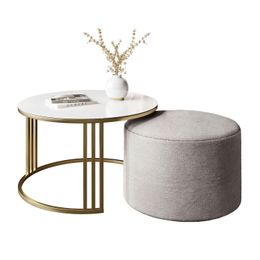 COUCHTISCH mit Hocker LORI GLASS geb&uuml;rstetes Gold/wei&szlig;es Glas/Perfect Harmony 82