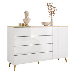 KOMMODE AURORA 4S1D Wei&szlig; / Wei&szlig; hochglanz mit schr&auml;ge Goldchrom Fu&szlig;e