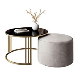 COUCHTISCH mit Hocker LORI GLASS geb&uuml;rstetes Gold/schwarzes Glas/Perfect Harmony 82