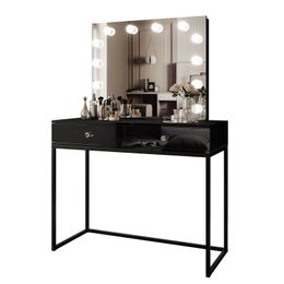 SCHMINKTISCH BLANCO LOFT ELITE mit Spiegel und Beleuchtung Schwarz Hochglanz Kristallgriff