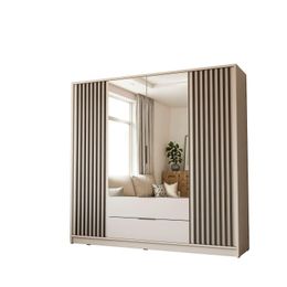 KLEIDERSCHRANK NELA, viert&uuml;rig mit Lamellen und Spiegel, 206 cm. Kaschmir/Schwarz