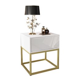 NACHTTISCH BLANCO GOLD II auf goldenem Gestell Wei&szlig; Hochglanz