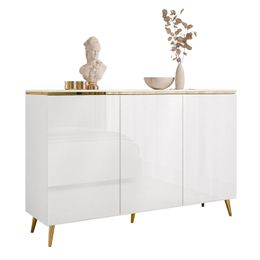 KOMMODE AURORA 3D Wei&szlig; / Wei&szlig; hochglanz mit schr&auml;ge Goldchrom Fu&szlig;e