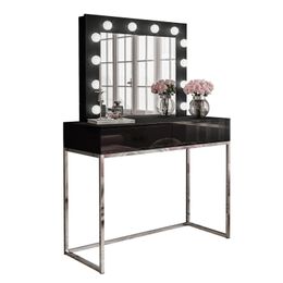 SCHMINKTISCH BLANCO GLAMOUR mit Spiegel und Beleuchtung Schwarz Hochglanz PUSH OPEN