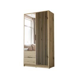 KLEIDERSCHRANK NELA, zweit&uuml;rig mit Lamellen und Spiegel, 105 cm, Artisan/Schwarz