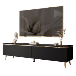 TV-LOWBOARD AURORA Schwarz Matt mit gerade Goldchrom Fu&szlig;e und LED Beleuchtung