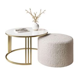 COUCHTISCH mit Hocker LORI GLASS geb&uuml;rstetes Gold/wei&szlig;es Glas/Coral 65