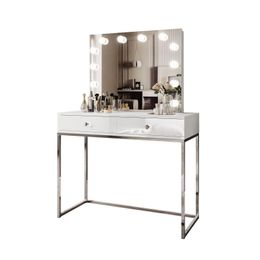 SCHMINKTISCH BLANCO GLAMOUR ELITE mit Spiegel und Beleuchtung Wei&szlig; Hochglanz Kristallgriff