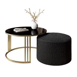 COUCHTISCH mit Hocker LORI GLASS geb&uuml;rstetes Gold/schwarzes Glas/Coral 60