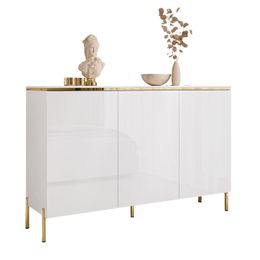 KOMMODE AURORA 3D Wei&szlig; / Wei&szlig; hochglanz mit gerade Goldchrom Fu&szlig;e