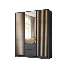 KLEIDERSCHRANK NELA, dreit&uuml;rig mit Lamellen und Spiegel, 155 cm, Graphit/Artisan
