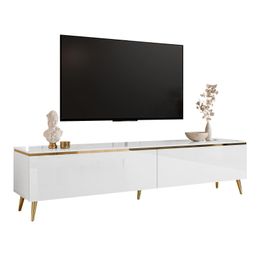 TV-LOWBOARD AURORA Wei&szlig; Hochglanz mit schr&auml;ge Goldchrom Fu&szlig;e und LED Beleuchtung