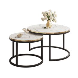 COUCHTISCH Set SOLEIL 2in1, rund, Wei&szlig; Marmor-Optik und Schwarz Gestell