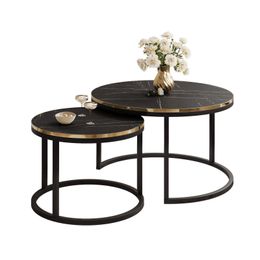 COUCHTISCH Set SOLEIL 2in1, rund, Schwarz Marmor-Optik und Schwarz Gestell