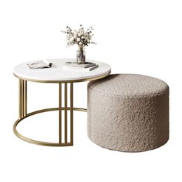 COUCHTISCH mit Hocker LORI Hochglanz geb&uuml;rstetes Gold/wei&szlig;er Glanz/Coral 50