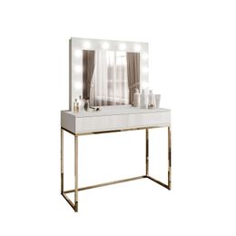 SCHMINKTISCH BLANCO mit Spiegel und Beleuchtung Gold Chrom Wei&szlig; Hochglanz PUSH OPEN