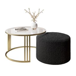 COUCHTISCH mit Hocker LORI GLASS geb&uuml;rstetes Gold/transparentes Glas/Coral 60