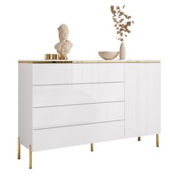 KOMMODE AURORA 4S1D Wei&szlig; / Wei&szlig; hochglanz mit gerade Goldchrom Fu&szlig;e