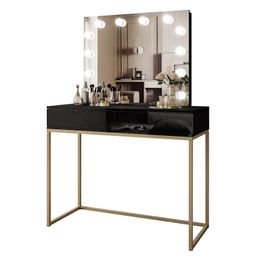 SCHMINKTISCH BLANCO GOLD ELITE mit Spiegel und Beleuchtung Schwarz Hochglanz PUSH OPEN
