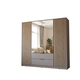 KLEIDERSCHRANK NELA, viert&uuml;rig mit Lamellen und Spiegel, 206 cm. Grau/Artisan