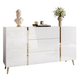 SIDEBOARD MIT SCHUBLADEN ONYX AUF GOLDENEN BEINEN HOCHGLANZ 158 CM PUSH OPEN