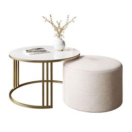 COUCHTISCH mit Hocker LORI GLASS geb&uuml;rstetes Gold/wei&szlig;es Glas/Perfect Harmony 01