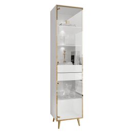 VITRINE AURORA in Wei&szlig; hochglanz mit LED-Beleuchtung mit schr&auml;ge Goldchrom Fu&szlig;e