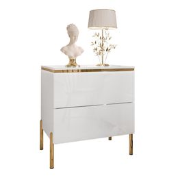 NACHTTISCH AURORA II auf gerade Gold Chrom Beine Wei&szlig; / Wei&szlig; hochglanz