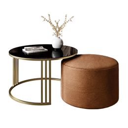 COUCHTISCH mit Hocker LORI GLASS geb&uuml;rstetes Gold/schwarzes Glas/Perfect Harmony 52