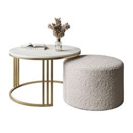 COUCHTISCH mit Hocker LORI MAT geb&uuml;rstetes Gold/Marmor Levanto/Coral 65