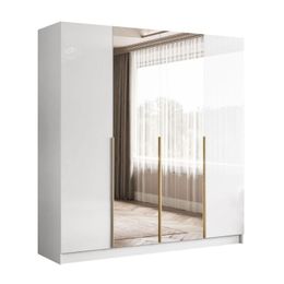 KLEIDERSCHRANK AUREL 4D in Wei&szlig; hochglanz mit Spiegel mit goldenen Griffen