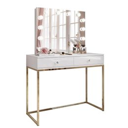SCHMINKTISCH BLANCO ELITE mit Spiegel und Beleuchtung Gold Chrom Wei&szlig; Hochglanz Kristallgriff