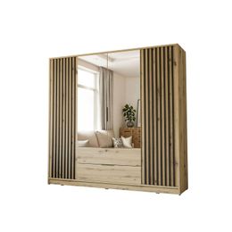 KLEIDERSCHRANK NELA, viert&uuml;rig mit Lamellen und Spiegel, 206 cm, Artisan/Schwarz