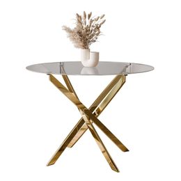 ESSTISCH BEIRA Runder Tisch 90 cm mit Glasplatte und Gold Tischbeine