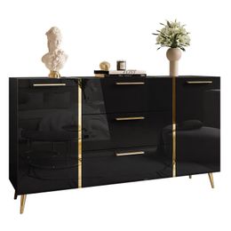 SIDEBOARDS MIT SCHUBLADEN ONYX AUF GOLDENEN BEINEN HOCHGLANZ 158 CM