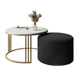 COUCHTISCH mit Hocker LORI MAT geb&uuml;rstetes Gold/Marmor Levanto/Coral 60