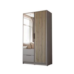 KLEIDERSCHRANK NELA, zweit&uuml;rig mit Lamellen und Spiegel, 105 cm, Grau/Artisan
