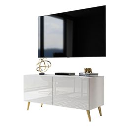TV-ELEMENT AURA 100 Wei&szlig; Hochglanz mit LED-Beleuchtung &ndash; Beinfarbe: Gold