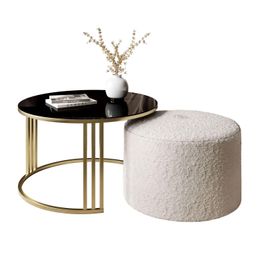 COUCHTISCH mit Hocker LORI GLASS geb&uuml;rstetes Gold/schwarzes Glas/Coral 50