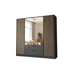 KLEIDERSCHRANK NELA, viert&uuml;rig mit Lamellen und Spiegel, 206 cm, Graphit/Artisan