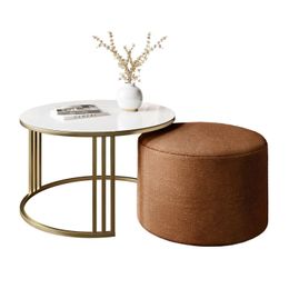 COUCHTISCH mit Hocker LORI GLASS geb&uuml;rstetes Gold/wei&szlig;es Glas/Perfect Harmony 52