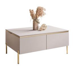 COUCHTISCH AURORA mit Staufach Kaschmir mit gerade Goldchrom Fu&szlig;e