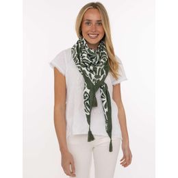 Dreieckstuch Zwillingsherz "Flower Fun", Damen, olive, Web, Viskose, gemustert, mehrfarbig, Modet&uuml;cher, verspieltes Blumenmuster, Tasseln, gl&auml;nzende Oberfl&auml;che