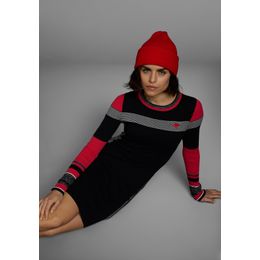 Strickkleid Kangaroos, Damen, Gr. 34, N-Gr, wei&szlig; (schwarz, rot, wei&szlig;), Feinstrick, Obermaterial: 70% Baumwolle, 30% Polyamid, bestickt, gestreift, meliert, figurbetont ca. Mitte Knie, R&uuml;ckenausschnitt, Kleider Strickkleid, figurbetont, lang, sportiver Look, aus Baumwollmix, Langarm