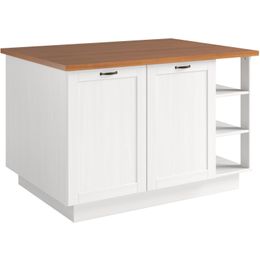 K&uuml;cheninsel Home Affaire "Teramo", k&uuml;che: wei&szlig;, front: massivholz, korpus: wei&szlig;, arbeitsplatte: honigfarben, B:134cm H:86,5cm T:94cm, Komplettk&uuml;chen-Sets, Breite 130 cm,4 T&uuml;ren, 3 offene F&auml;cher