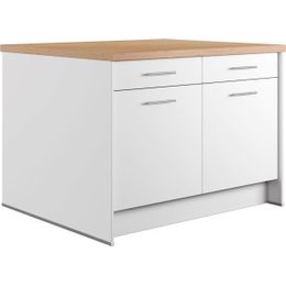 K&uuml;cheninsel IMPULS K&Uuml;CHEN "Kopenhagen, flexibel stellbar, Schubk&auml;sten mit Soft-Close", k&uuml;che: wei&szlig;, front: wei&szlig;, korpus: wei&szlig;, arbeitsplatte: vintage eiche, nachbildung, B:123,2cm H:91,8cm T:120cm, Komplettk&uuml;chen-Sets, vormontiert, mit integriertem Sitzplatz auf einer Seite, Breite 123 cm