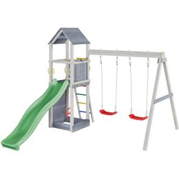 Spielturm Fungoo "FLAPPI", grau (gr&uuml;n), Spielt&uuml;rme, KinderB:370cm H:272cm T:303cm, FSC-zertifizierter Massivholz, Metall, Polyethylen, mit Rutsche, Doppelschaukel, Kletterwand, Teleskop, Lenkrad, B:370cm H:272cm T:303cm