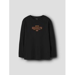 T-Shirt name it "NKMLAYTON LS NREG TOP BOX", Jungen, Gr. 122/128, schwarz, Jersey, Obermaterial: 100% Baumwolle, bedruckt, normal, Rundhals, Shirts T-Shirt
