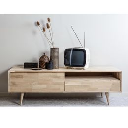 Lowboard Woood "Tygo mit unbehandeltem Eichenholz und Klappt&uuml;r", eiche, B:150cm H:47cm T:44cm, FSC-zertifiziertes Massivholz, Sideboards, Lowboard, Unbehandeltes Eichenholz,Kabelf&uuml;hrung durch Trennwand und R&uuml;ckwand