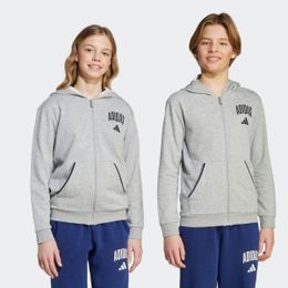 Kapuzensweatshirt adidas Sportswear "SEASONALS ESSENTIALS COLLEGIATE TYPOGRAPHY FULL-ZIP HOODIE KIDS", M&auml;dchen, Gr. 128, schwarz (medium grau heather, schwarz), Obermaterial: 70% Baumwolle, 30% Polyester, normal, Rundhals, angesetztes B&uuml;ndchen, Sweatshirts